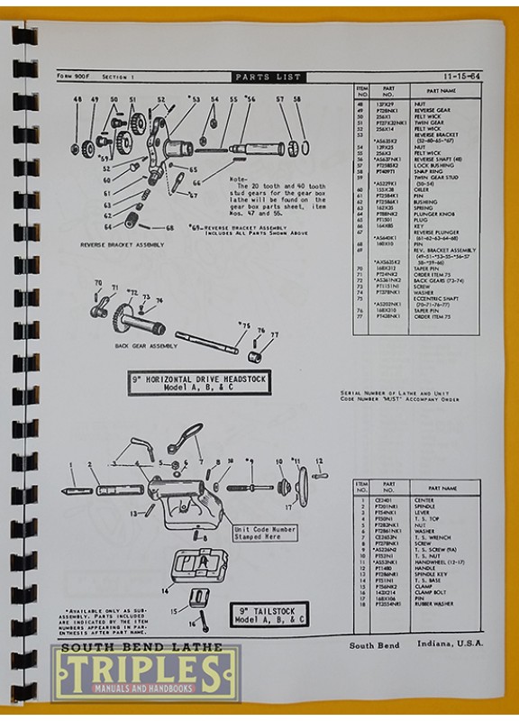 South Bend 9" ad 10K Lathe Maintenance and Parts List.