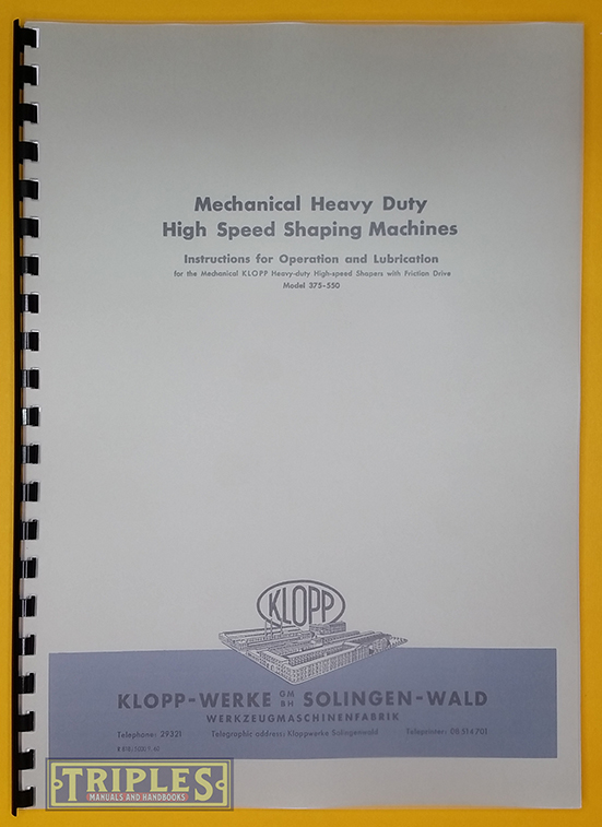 Klopp Model 375-550 Heavy Duty, High Speed Shaper. Instructions for ...